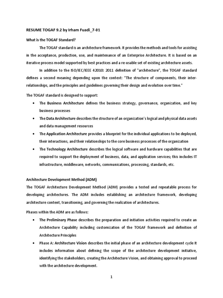 Resume Togaf 9.2 | PDF | Enterprise Architecture | Software Development ...