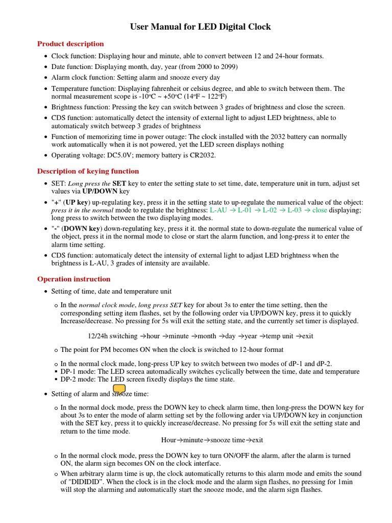 User Manual For LED Digital Clock | PDF | Clock | Switch