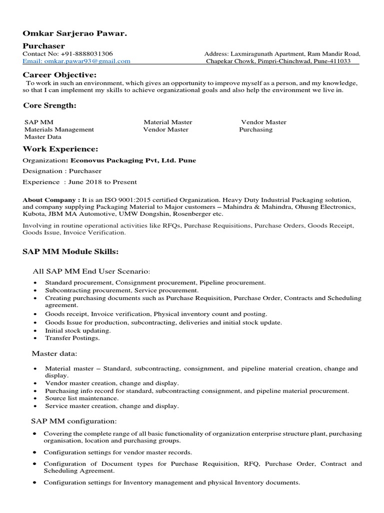 Omkar Resume New | PDF | Procurement | Sap Se