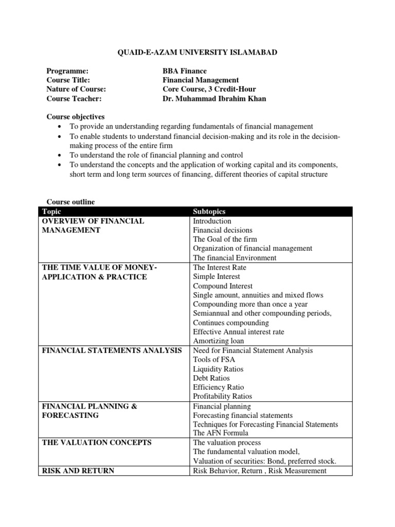 Financial Management Course Outline | PDF | Valuation (Finance) | Interest