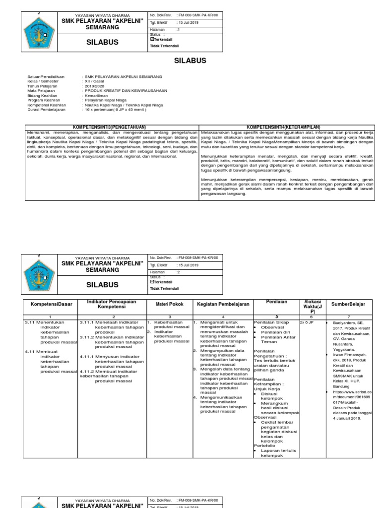 SILABUS PKK Kelas XII 2019 2020 | PDF