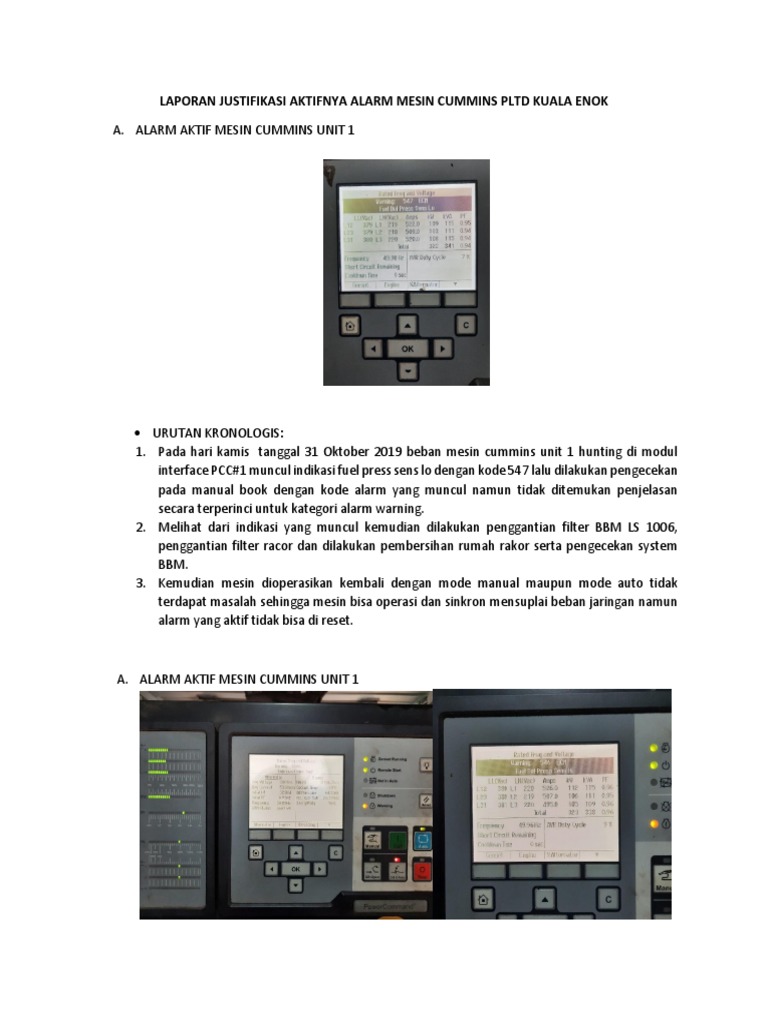 Laporan Justifikasi Aktifnya Alarm Mesin Cummins | PDF