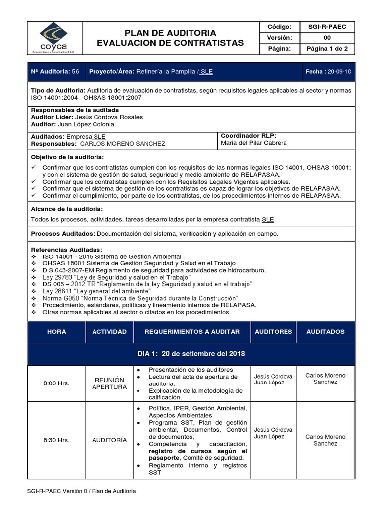 FO-07-SGI-R-PAEC - Plan de Auditoría SLE 20-09-18 | PDF | Auditoría ... FO-07-SGI-R-PAEC - Plan de Auditoría SLE 20-09-18 | PDF | Auditoría ...