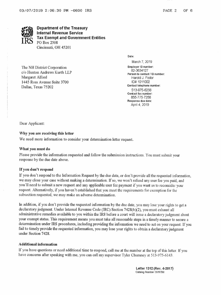 IRS Letter 1312 Information Request To NH District Corp. | PDF