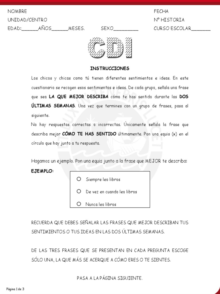 Cdi Cuestionario Depresion Infantil | PDF | Ocio