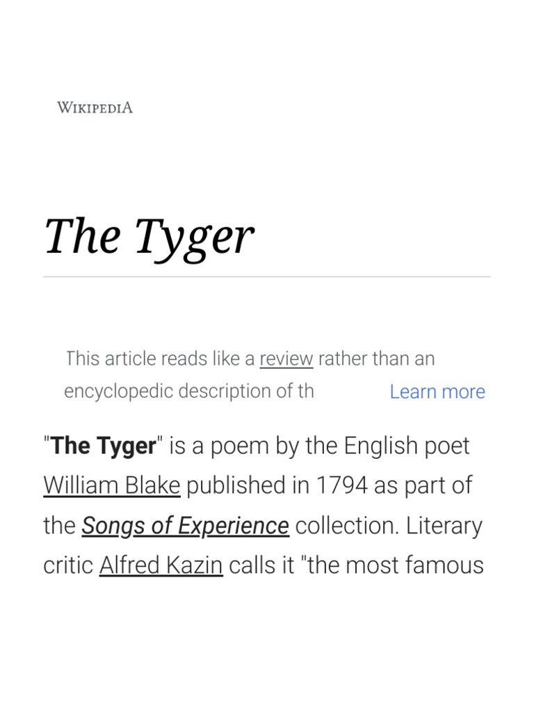 The Tyger - Wikipedia | PDF | Poetry