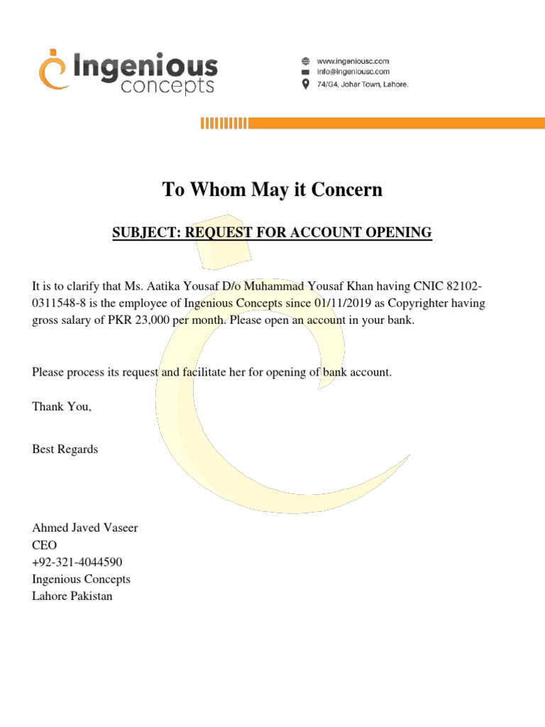 Bank Account Opening Letter | PDF