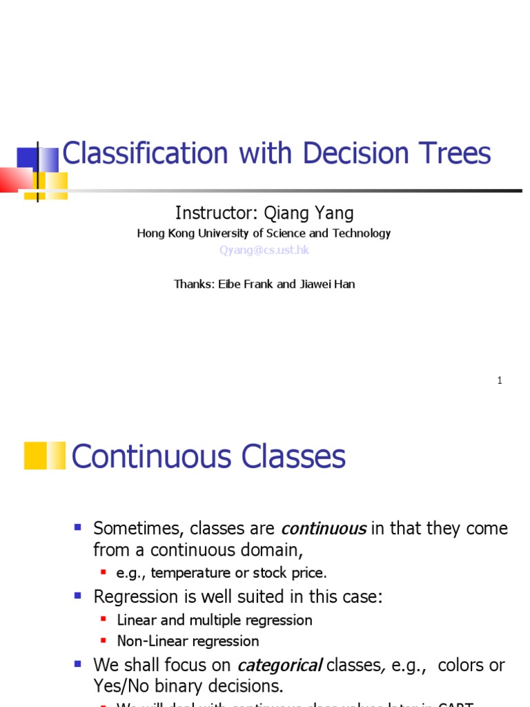 Classification With Decision Trees: Instructor: Qiang Yang | PDF | Applied Mathematics | Western ...