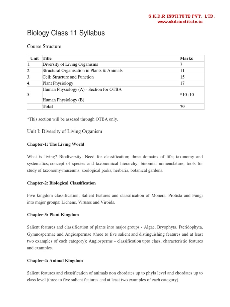 Biology Class 11 Syllabus | PDF | Cellular Respiration | Cell (Biology)