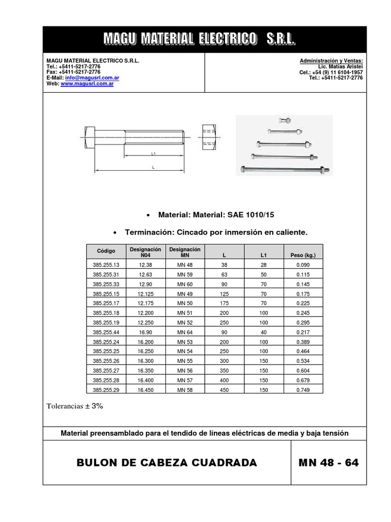 Bulones MN 48 a 64: Especificaciones | PDF