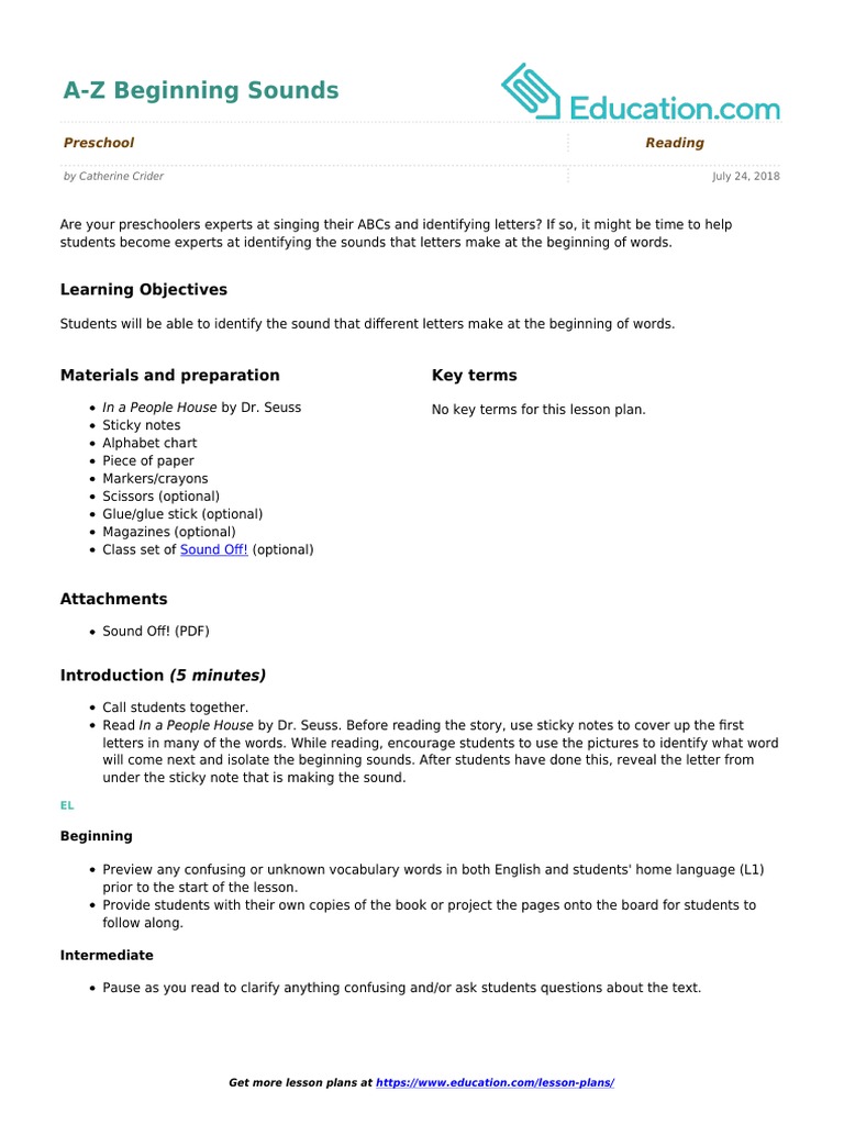 A Z Beginning Sounds | Download Free PDF | Lesson Plan | Teaching