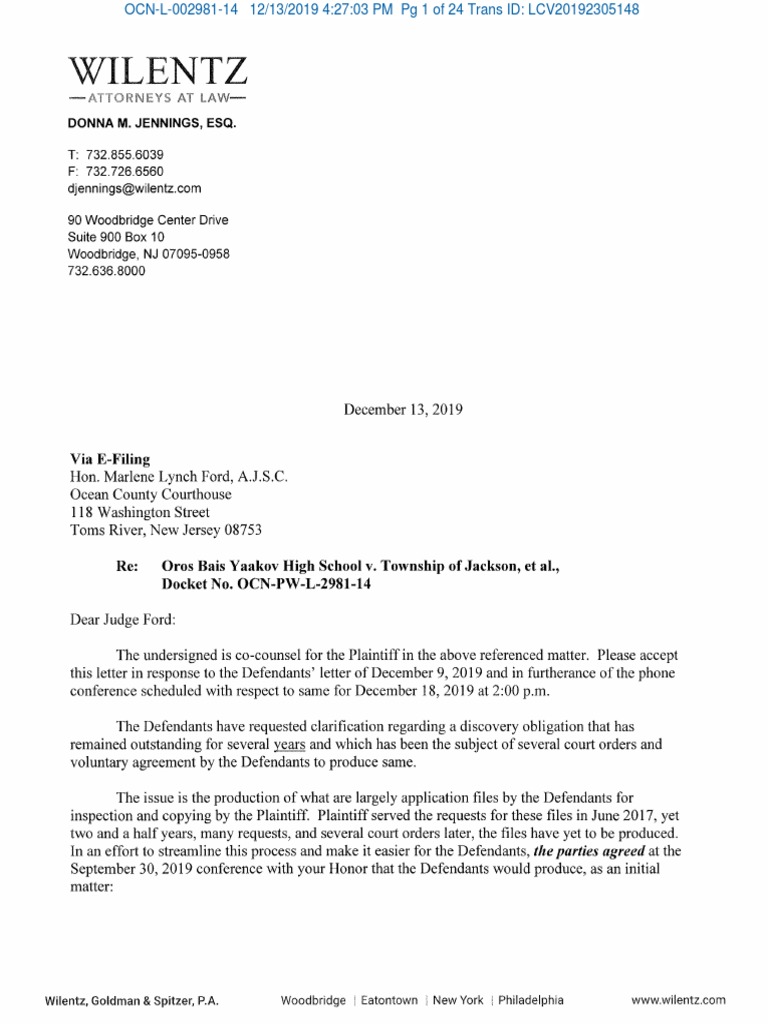 Agudath Israel V Township of Jackson - Reply To Letter From Jackson ...