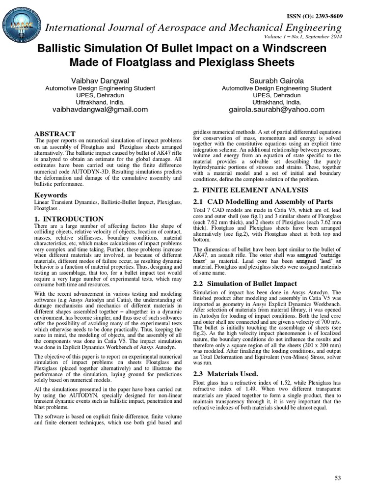 Ballistic Simulation of Bullet Impact On A Windscreen Made of ...
