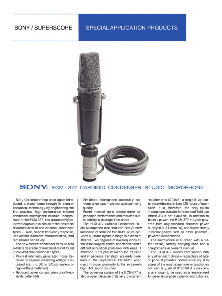 Sony ECM 377 Microphone Data Sheet | PDF | Microphone | Electrical ...
