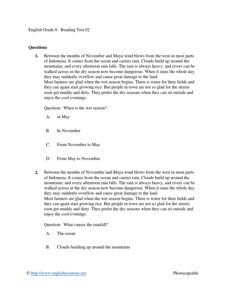 English Grade 9 - Reading Test 02 | PDF | Wet Season | Rain