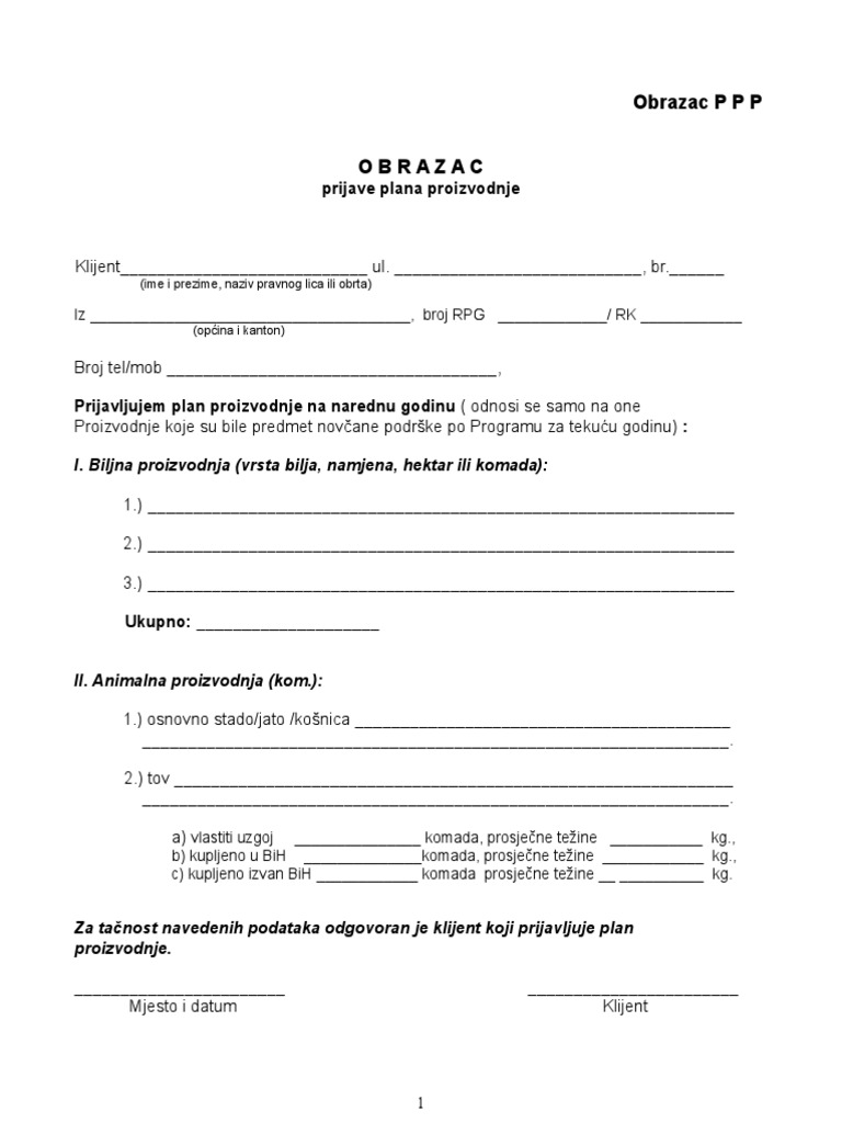 Obrazac PPP Plana Proizvodnje P-1 Prijava Početka Proizvodnje I Obrazac Zahtijeva Z - 1 | PDF
