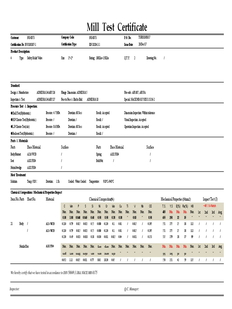 Mill Test Certificate - Example | PDF | Applied And Interdisciplinary ...