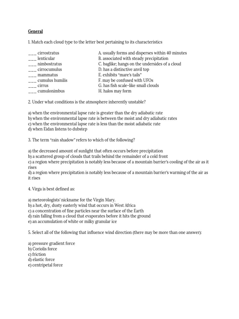 Meteorology Test | PDF | Climate | Cloud