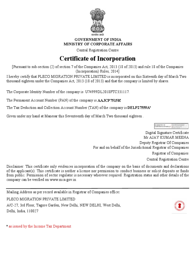 Company Registration Certificate | PDF | Government | Government Finances