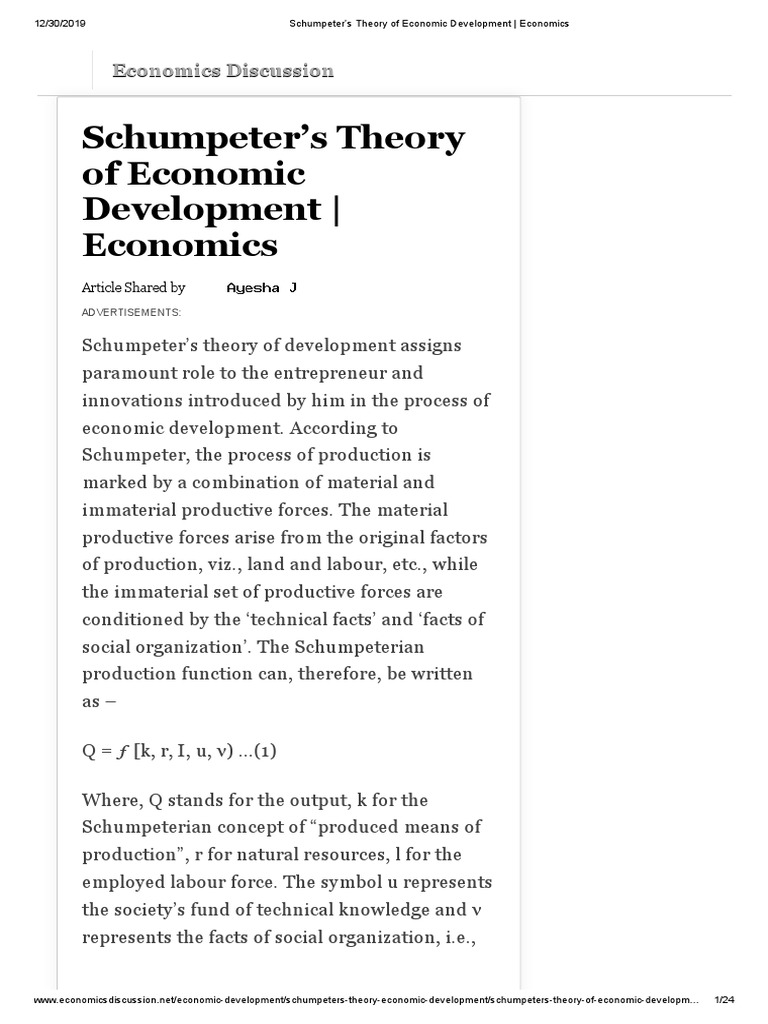 Schumpeter's Theory of Economic Development - Economics | PDF ...