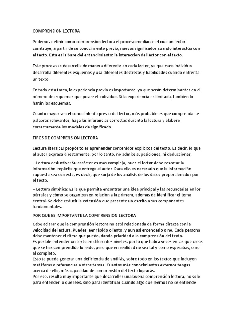 Definición y Tipos de Comprensión Lectora | PDF | Comprensión lectora ...