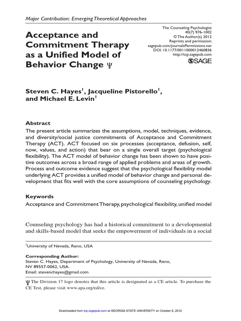 Acceptance and Commitment Therapy Unified Model Behavior Change PDF ...