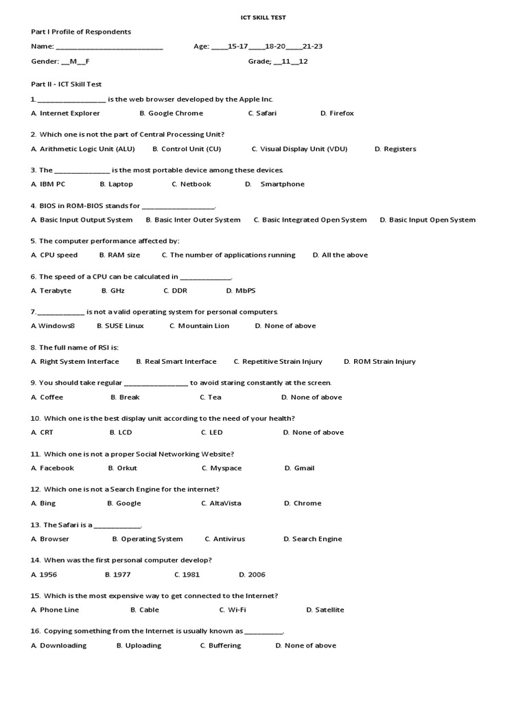 Ict Skill Test | PDF | Personal Computers | Computer Virus