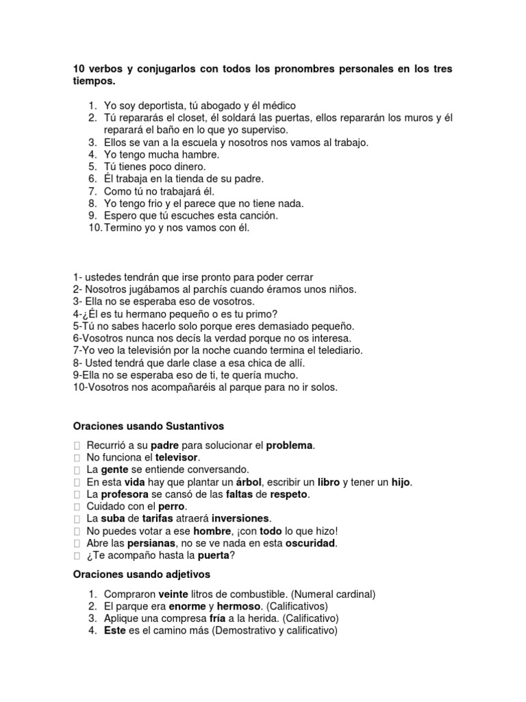 10 Verbos y Conjugarlos Con Todos Los Pronombres Personales en Los Tres ...