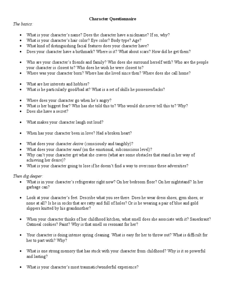 Character Questionnaire | PDF