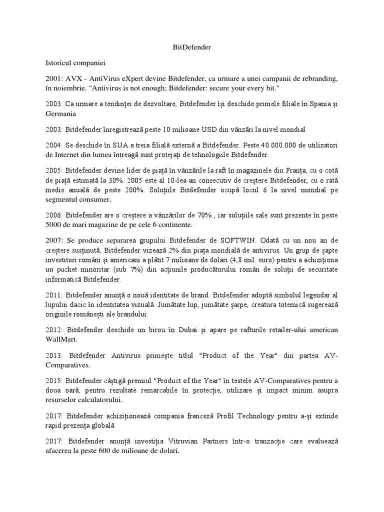 Istoricul Companiei Bitdefender | PDF