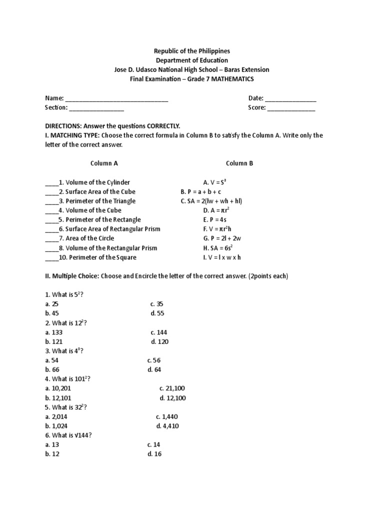 Final Exam-Math | PDF | Area | Geometric Shapes