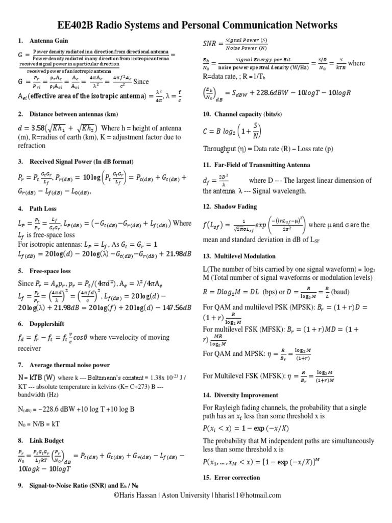 Formula Sheet-Radio Systems and Personal Communication Networks | PDF ...