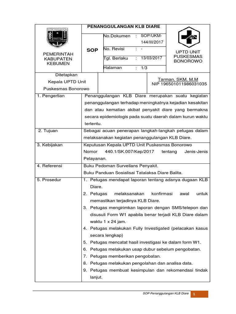 SOP Penanggulangan KLB Diare | PDF