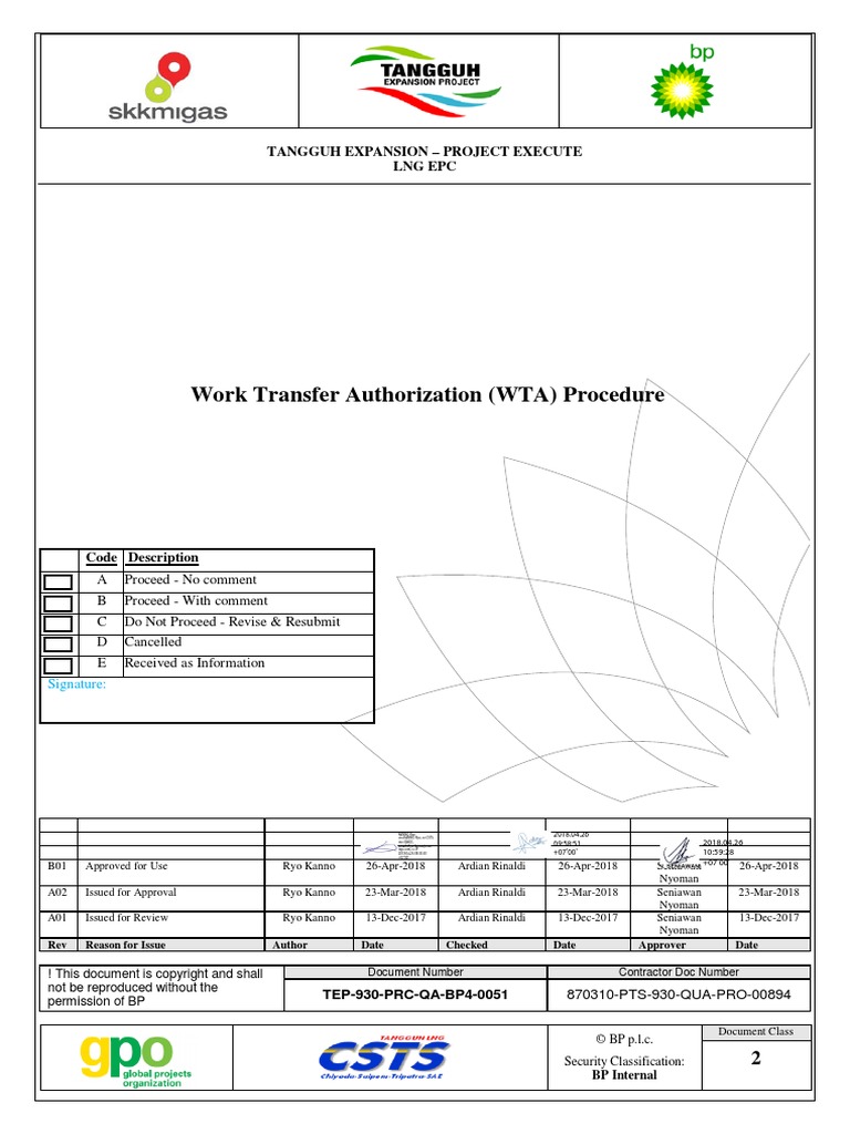 Work Transfer Authorization (WTA) Procedure | PDF | Liquefied Natural ...