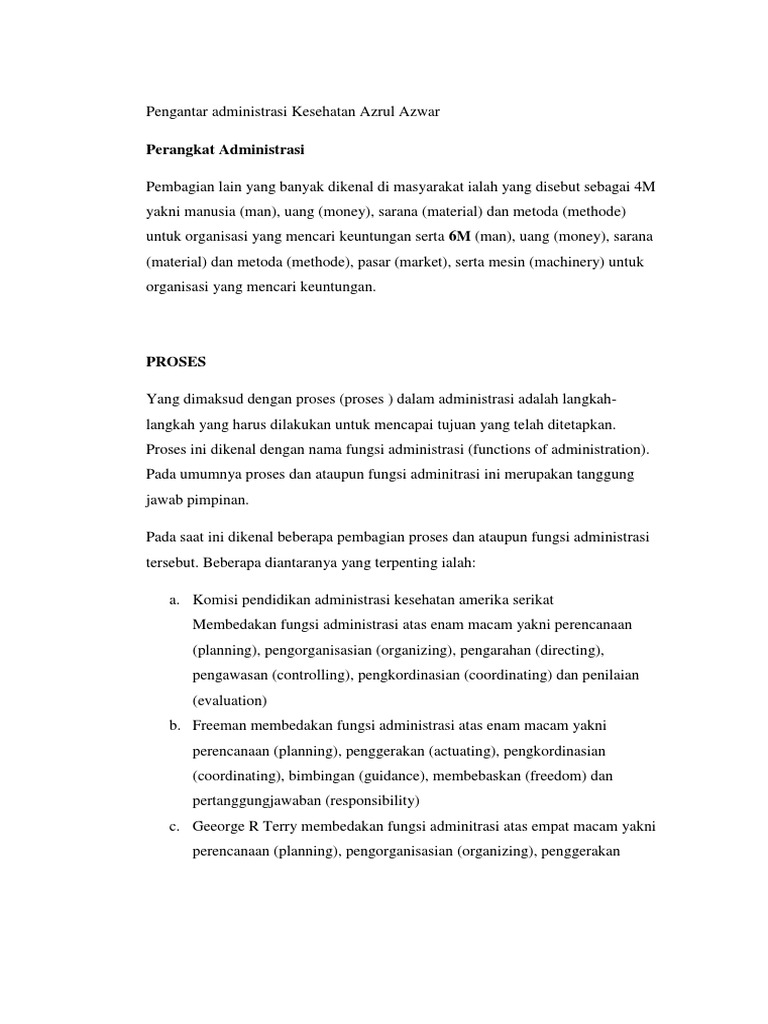 Pengantar Administrasi Kesehatan Prof - Azrul Aswar | PDF