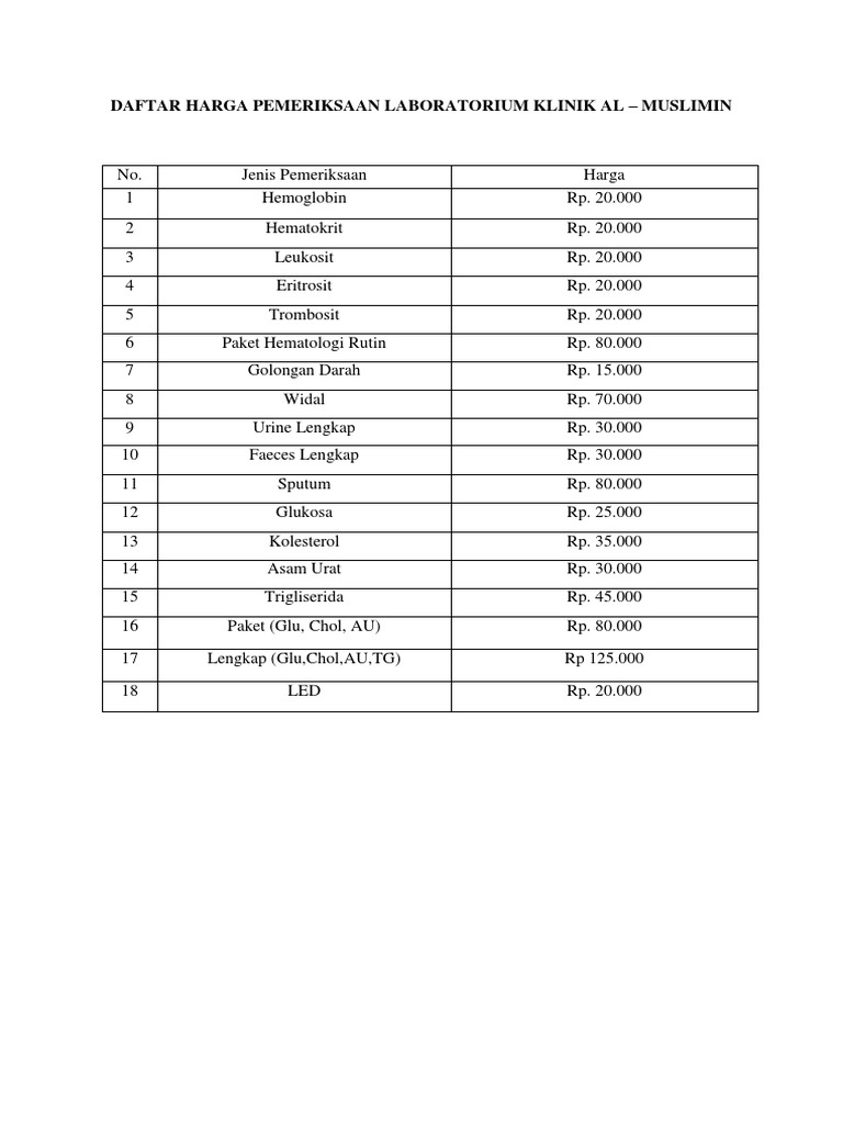 Daftar Harga Pemeriksaan Laboratorium | PDF