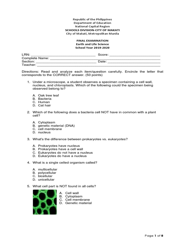 Earth and Life Science Final Exam 19 20 | PDF | Life | Cell (Biology)