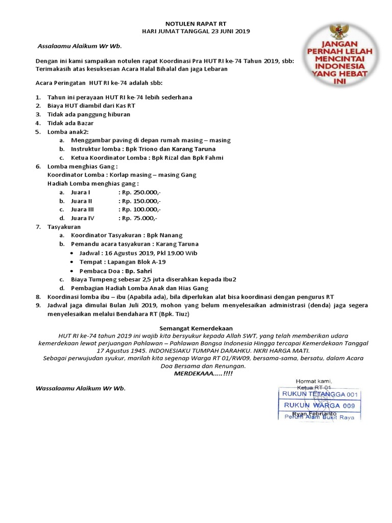Notulen Rapat RT Hut Ri 74 | PDF