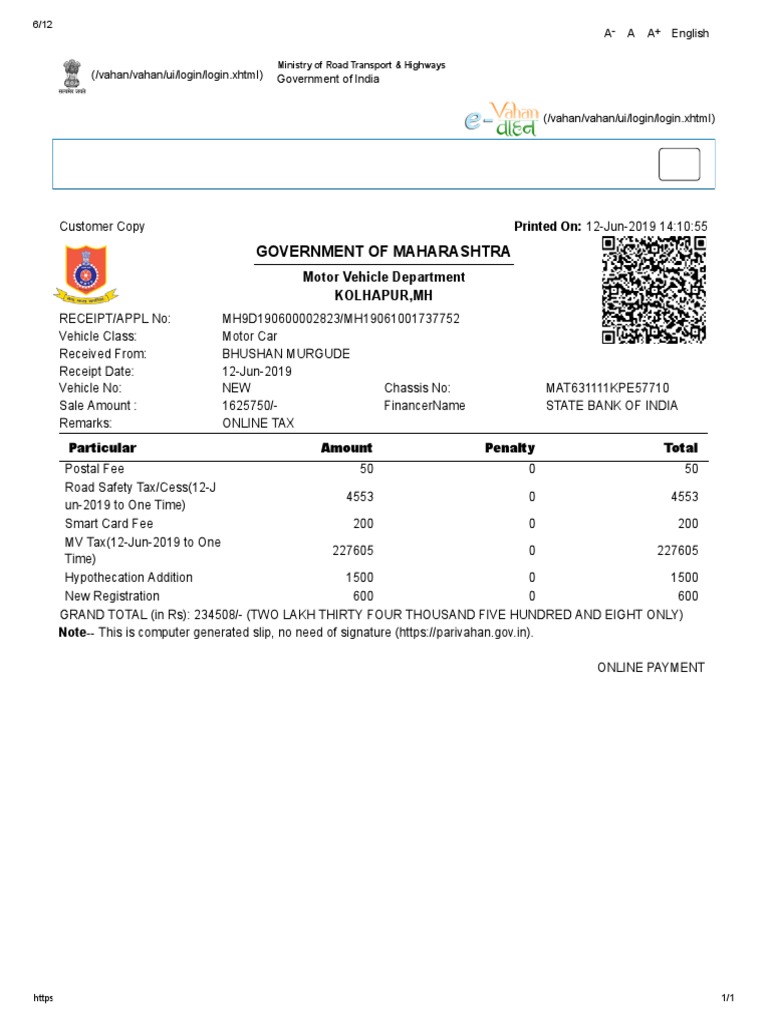 Online Vehicle Registration Receipt in Maharashtra | PDF | Receipt ...