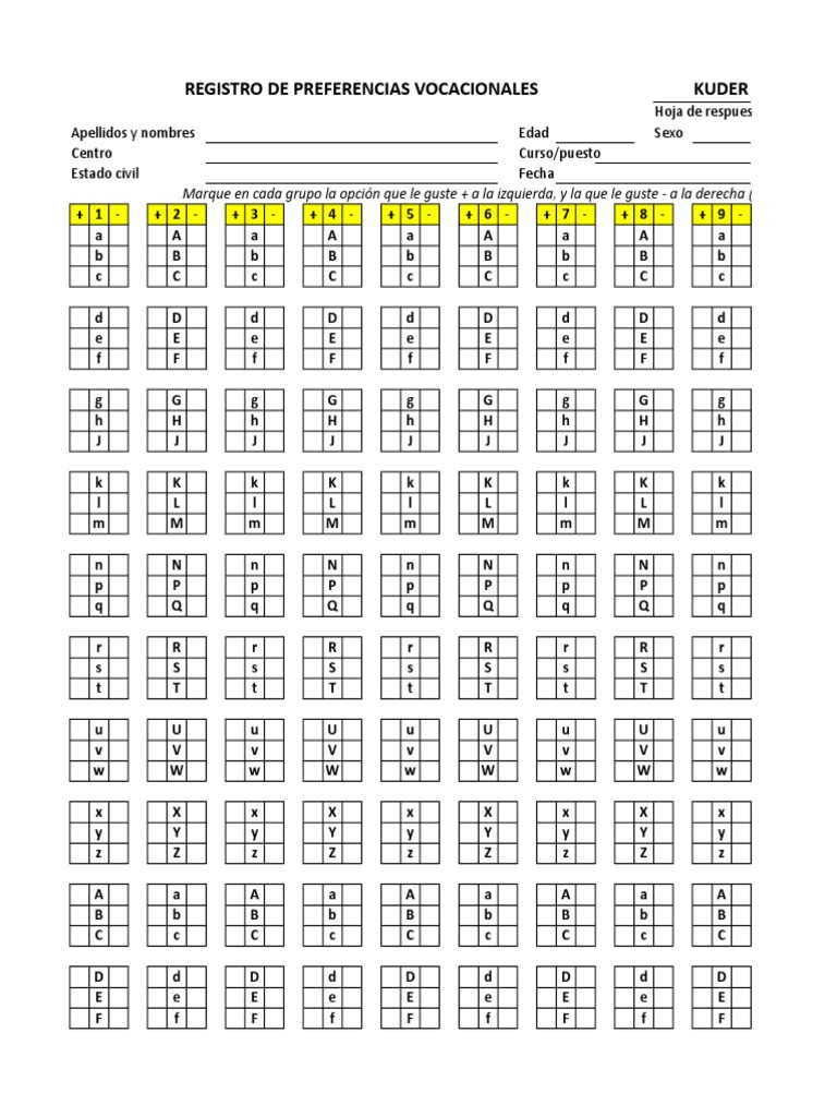 KUDER VOCACIONAL - HOJA DE RESPUESTAS - Jeanethe T.