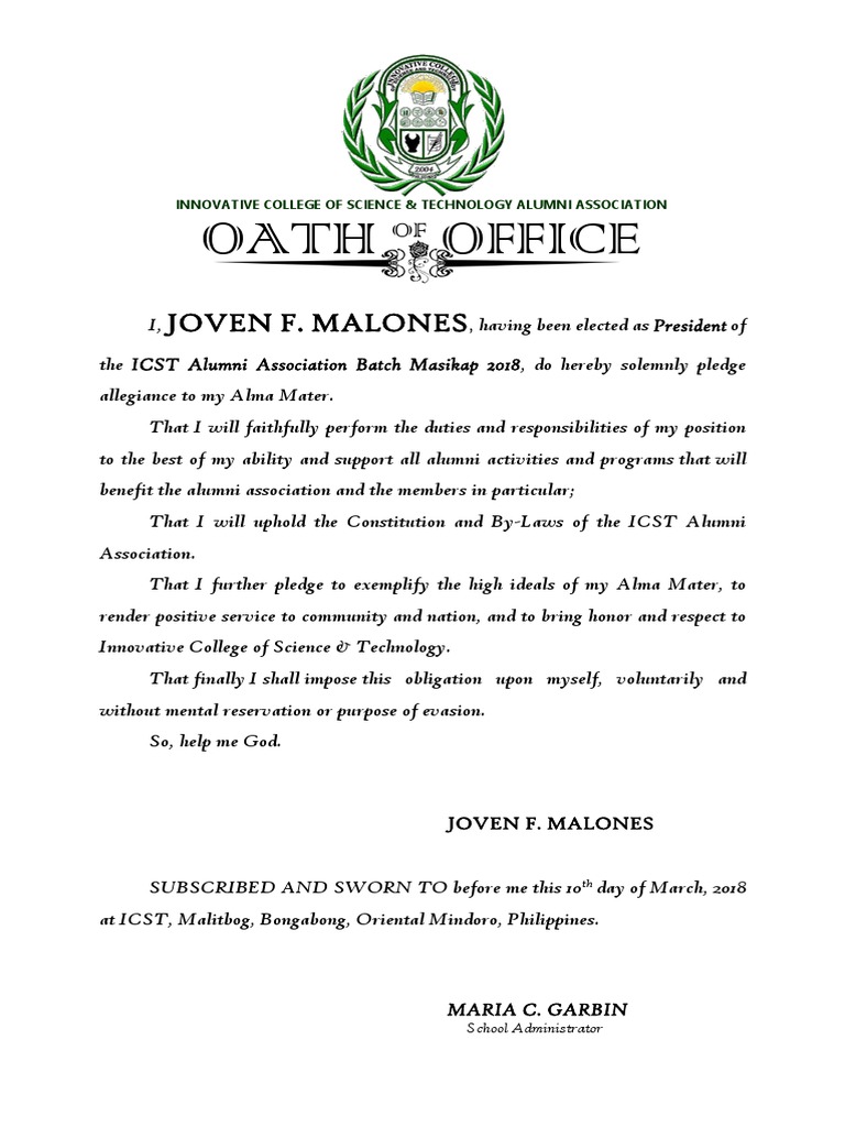Oath of Office Alumni Association - New Format | PDF | Oath Of Office ...