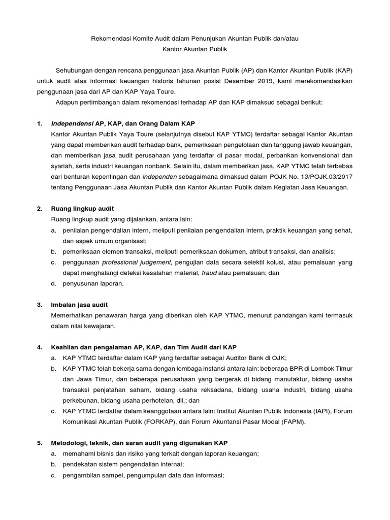 Contoh Rekomendasi Komite Audit Dalam Penunjukan AP Dan KAP | PDF