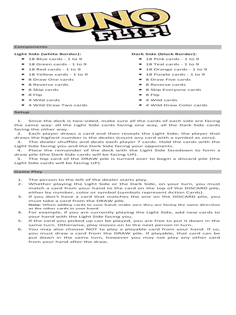 How To Play Uno Flip | Download Free PDF | Gaming Devices | Playing Cards