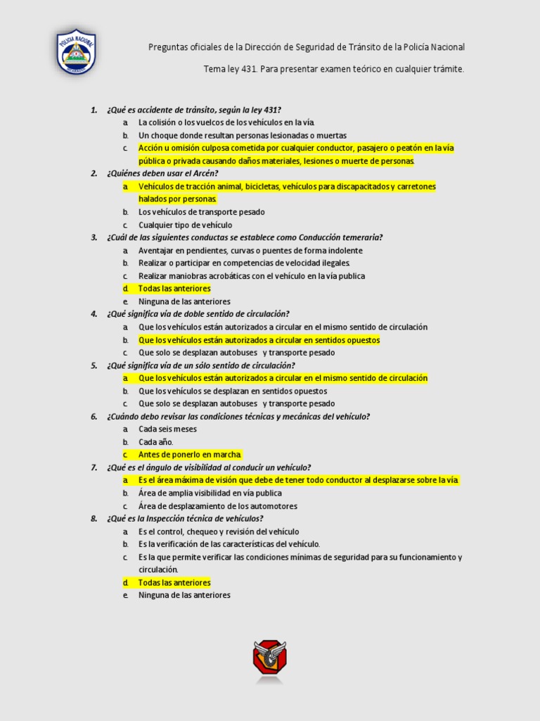 Preguntas oficiales sobre la Ley de Tránsito 431 y conceptos básicos ...