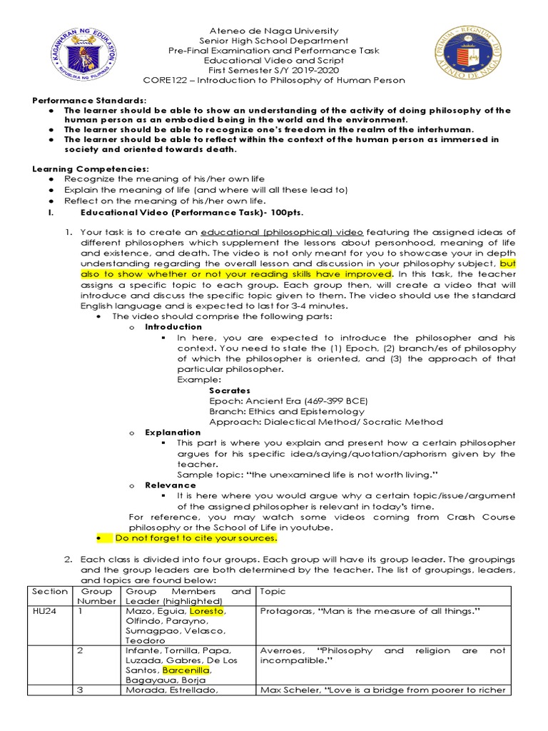 Final Performance Task CORE122 - 3 | PDF | Rubric (Academic) | Creativity