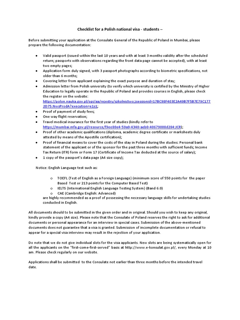 Checklist For A Polish National Visa - Study 2018-2019 | PDF | Travel ...
