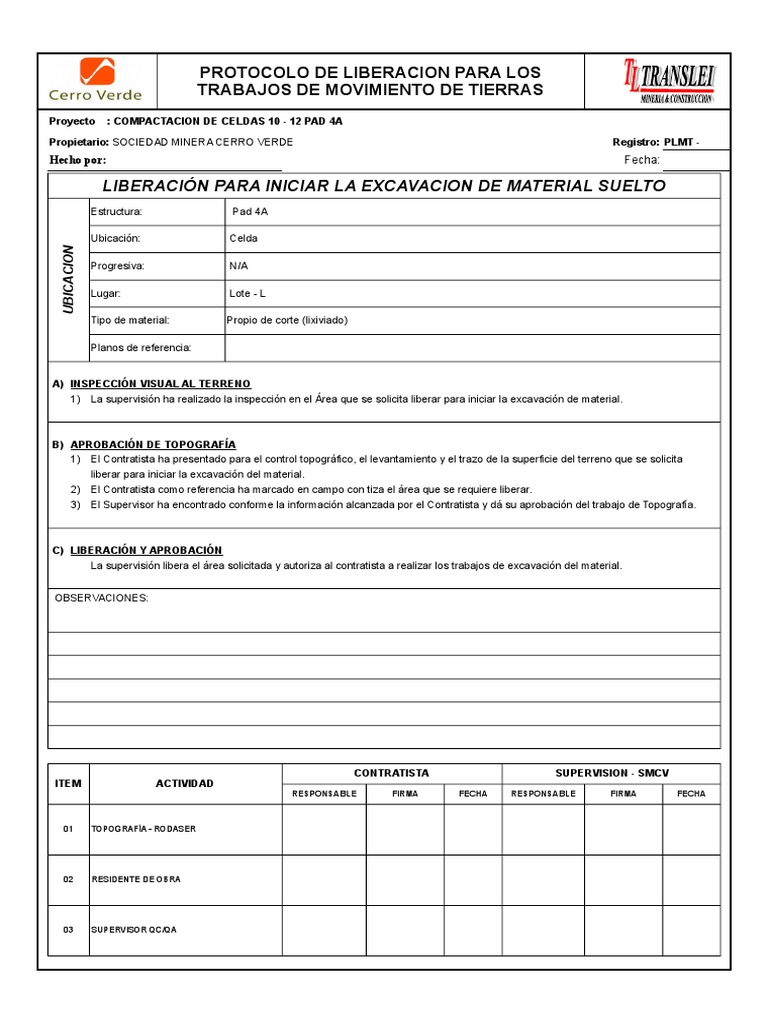 Plantilla Protocolo Movimiento de Tierra | PDF