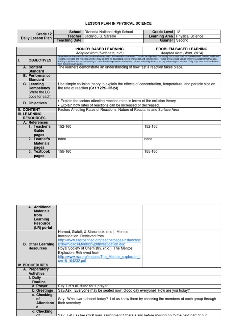 Lesson Plan in PBL & Ibl#1 | PDF | Reaction Rate | Activation Energy