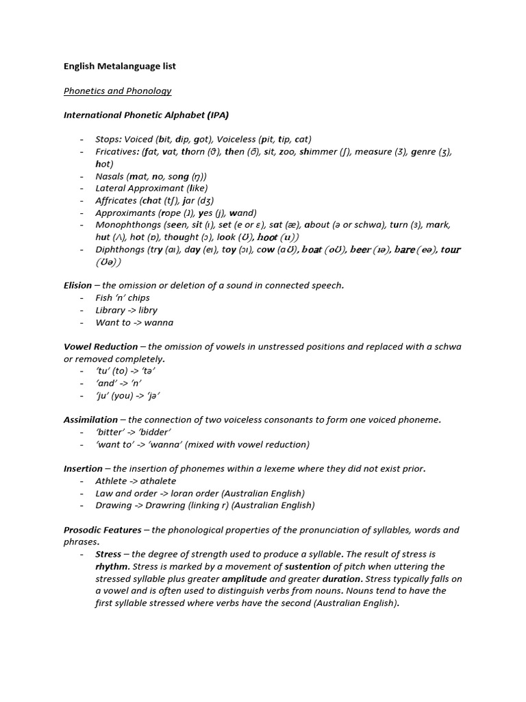 English Metalanguage List | PDF | Verb | Adverb
