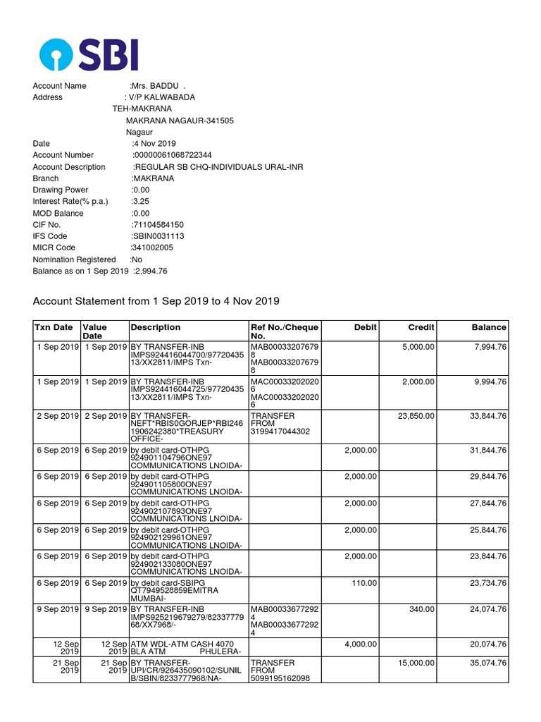 Bank Statement PDF | PDF | Debit Card | Reserve Bank Of India